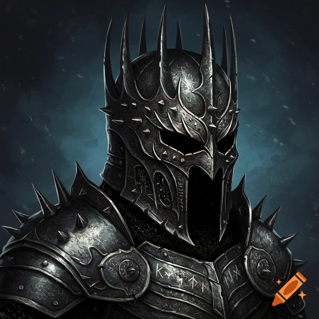 Detailed portrait of a dark, spiked metal helmet and armor worn by an evil fantasy knight. on ...
