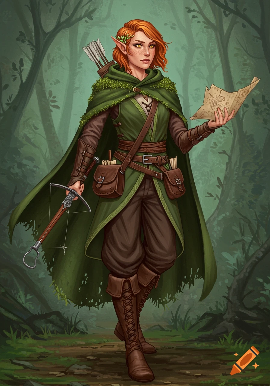 A female elf ranger with reddish hair, a green cloak, and brown armor, holding a map and a ...