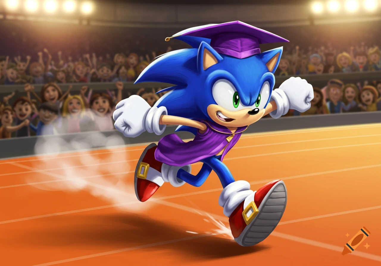 A vibrant cartoon illustration of Sonic the Hedgehog in a purple ...