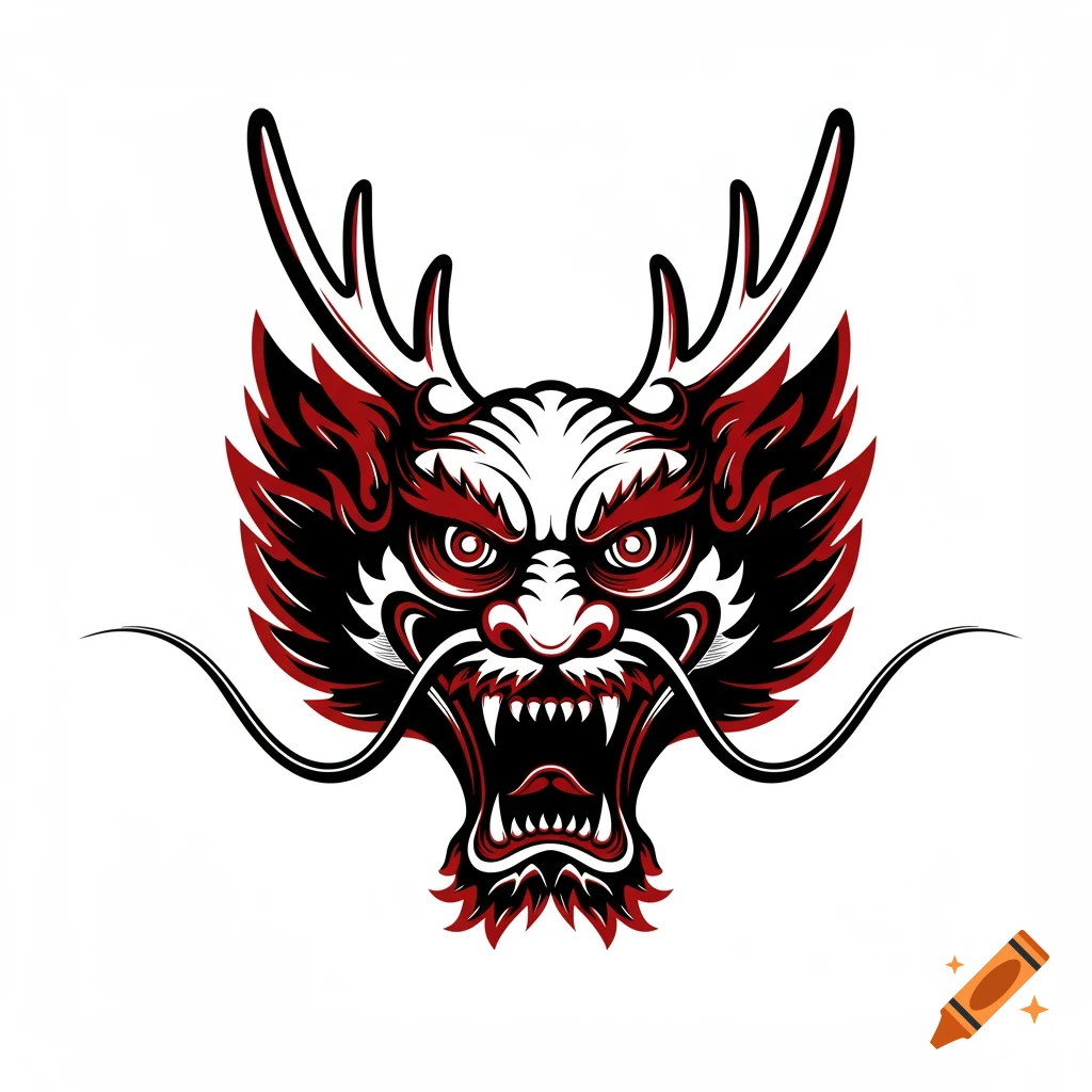 A stylized black and red dragon head roaring on a white background in a ...