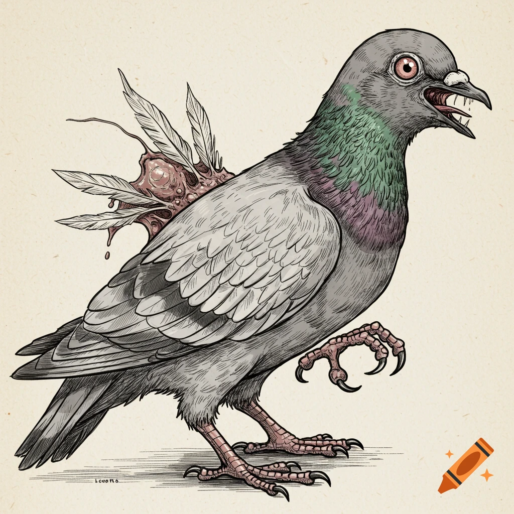 A stylized drawing of a grotesque grey pigeon with a fleshy, bloody ...