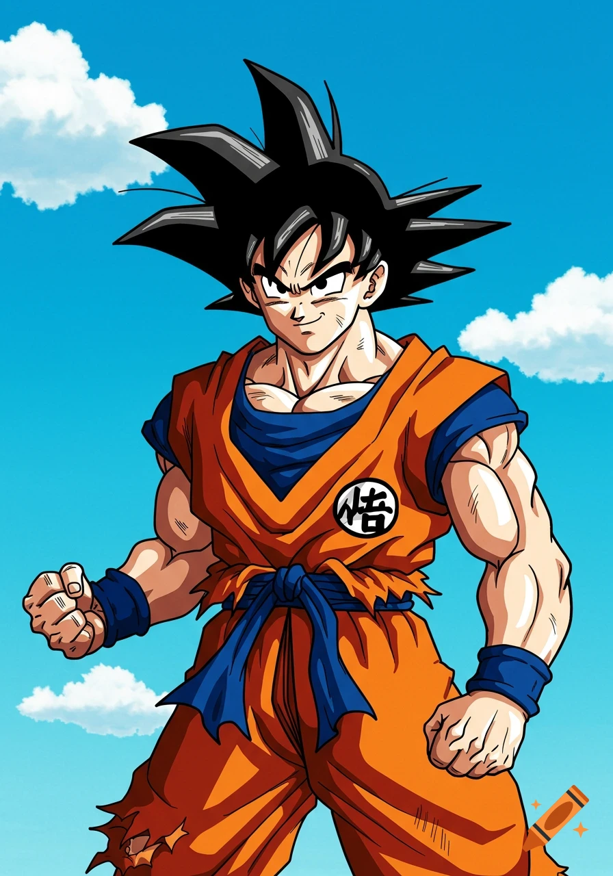 Goku from Dragon Ball Z, wearing an orange gi with blue accents, stands ...