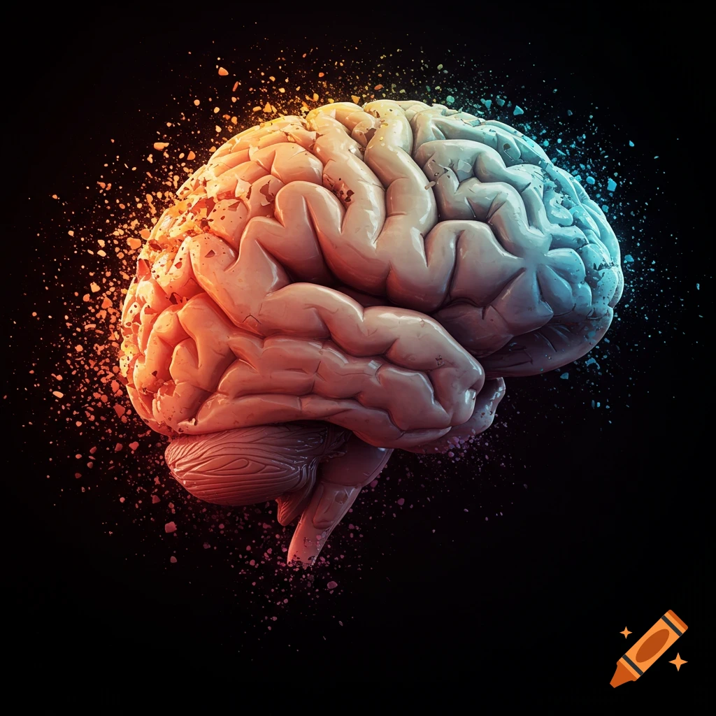A stylized human brain, half warm-toned and half cool-toned, with colorful particles exploding ...