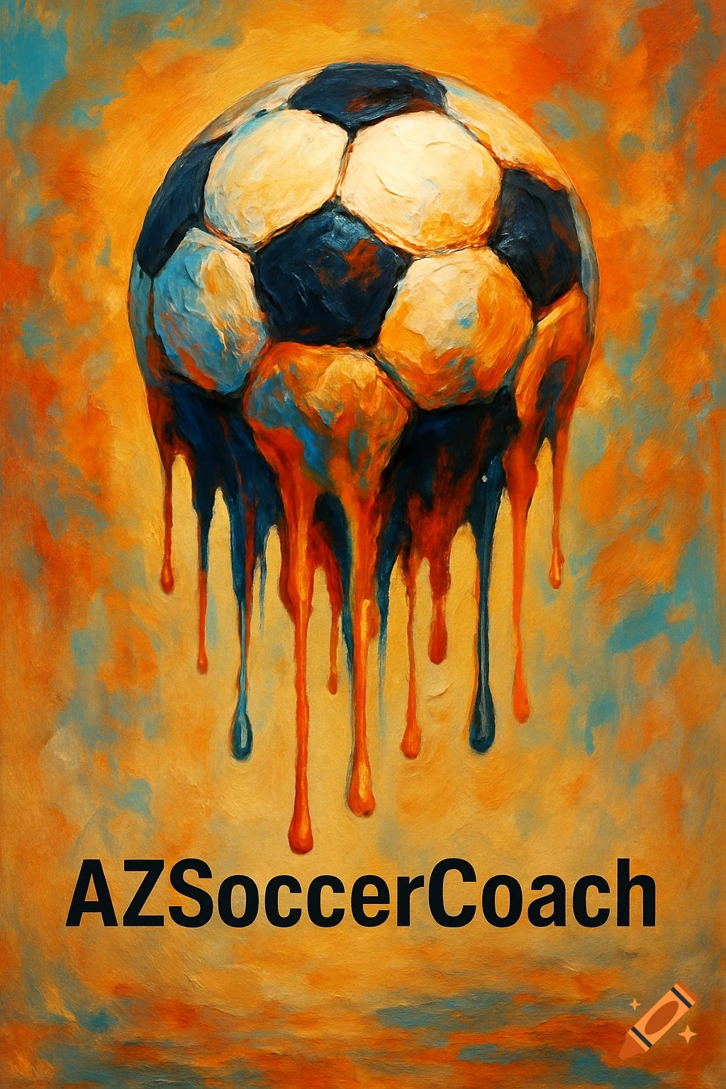 A painterly image of a black, white, and orange soccer ball with paint ...