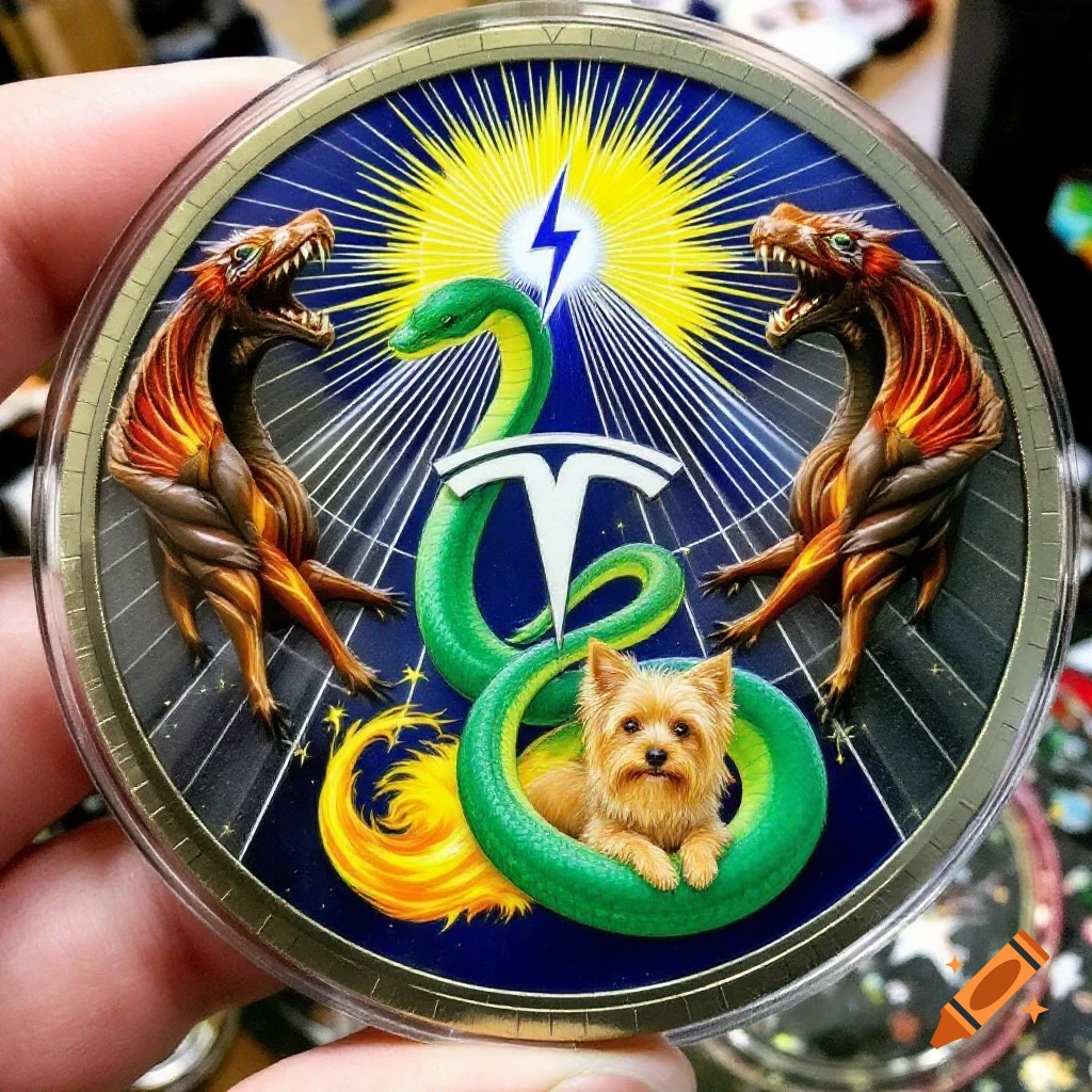 A circular coin held in hand, featuring a green snake, small dog, and ...