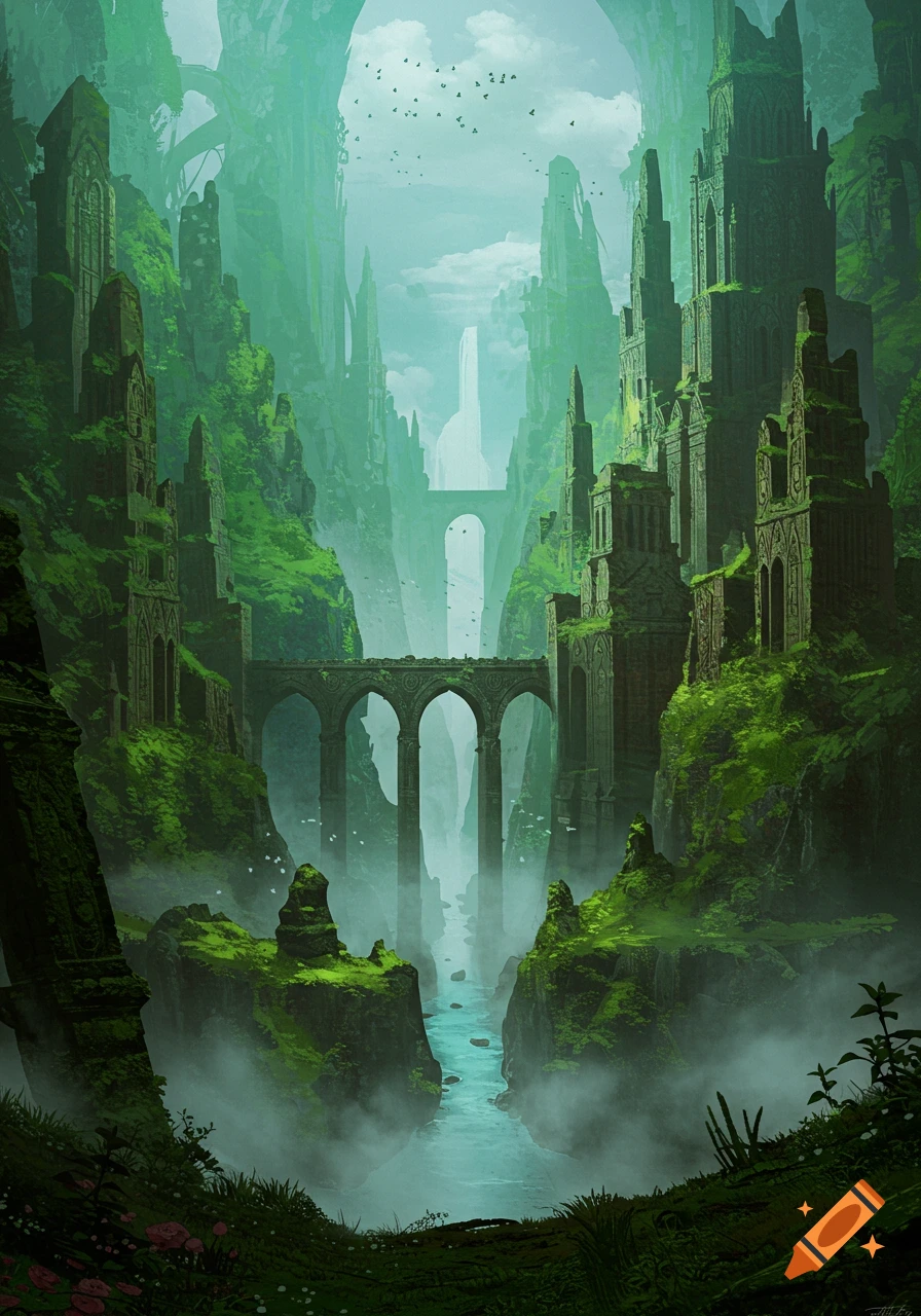 A lush, misty fantasy landscape with towering, moss-covered ruins and ...