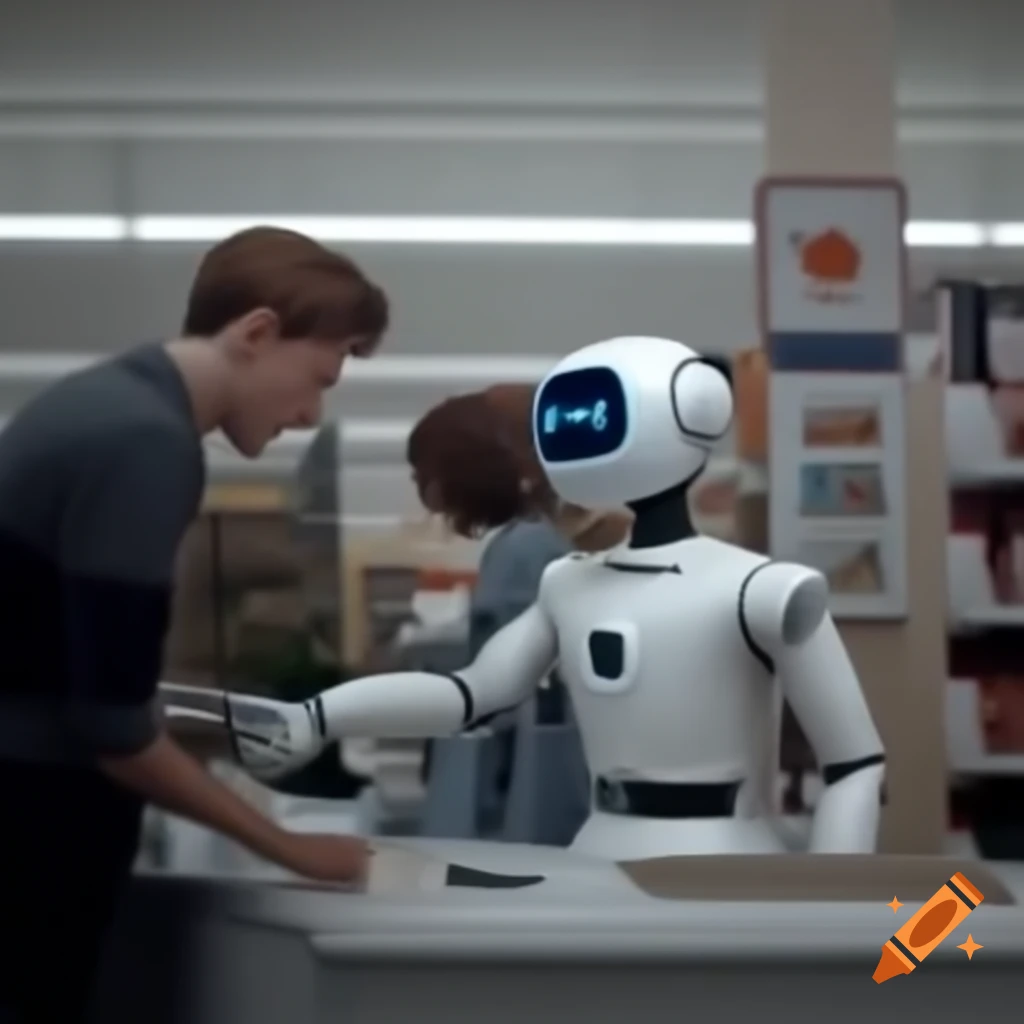 Robot cashier interacting with happy customer and human cashier in ...