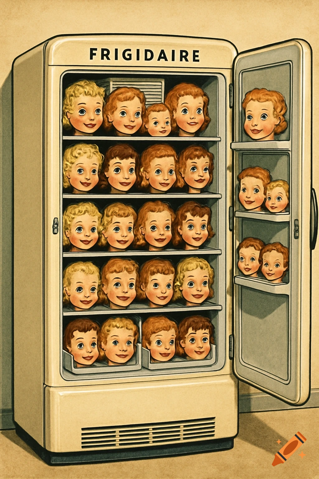 A 1950s-style drawing of an open white refrigerator, labeled ...