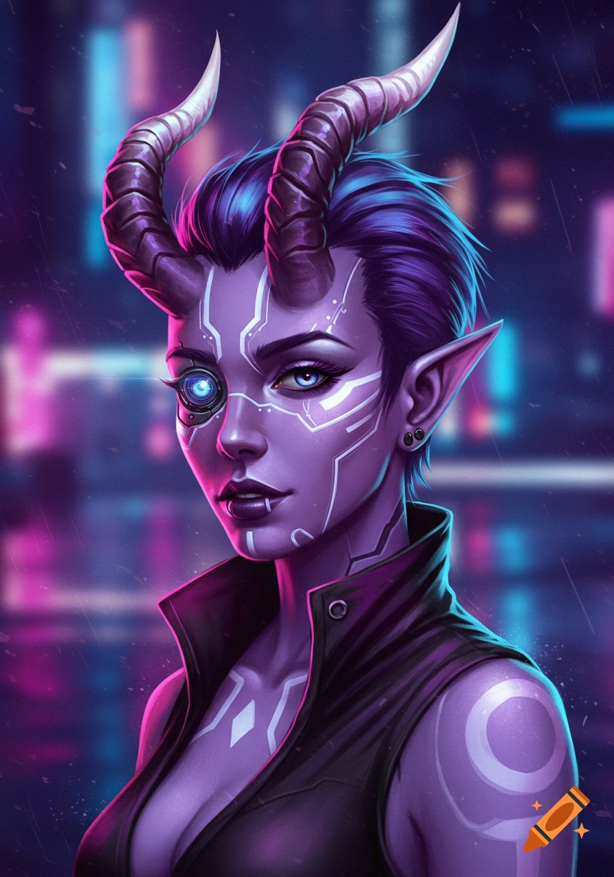 A portrait of a purple-skinned female cyberpunk character with horns, a ...