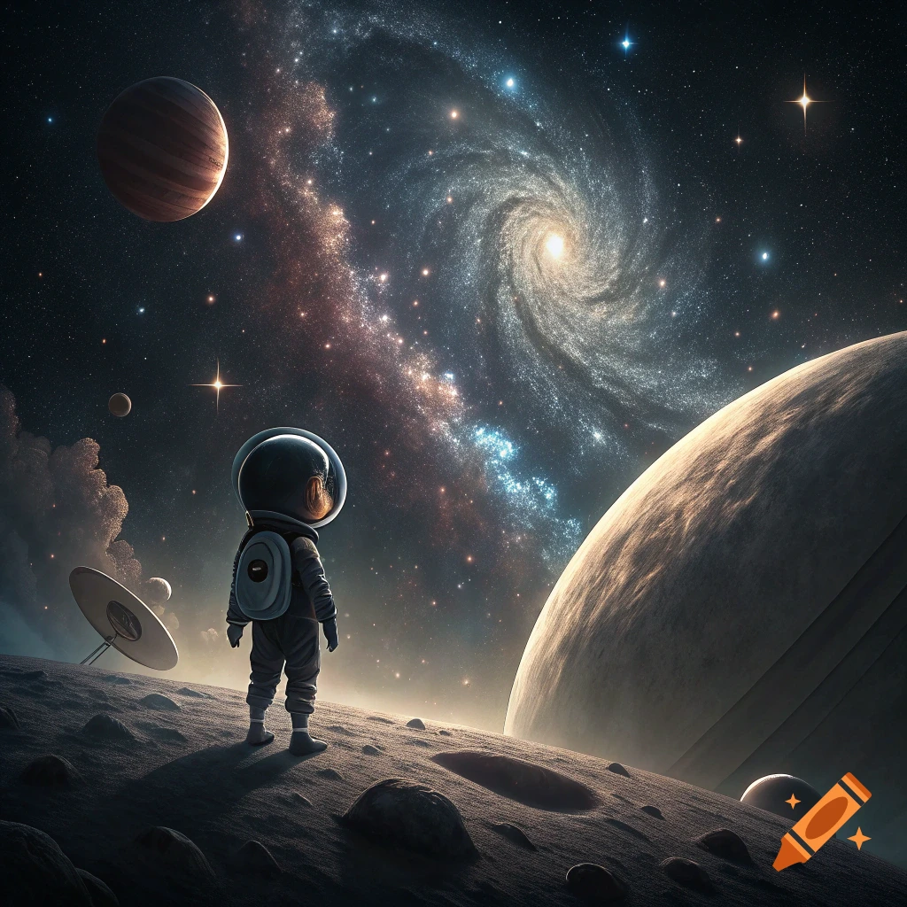 Astronaut on a rocky planet surface gazes at a vibrant spiral galaxy and planets in deep space ...