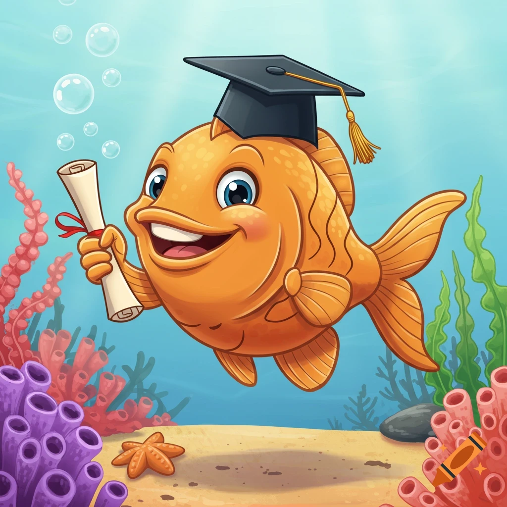 A happy cartoon orange fish wearing a graduation cap and holding a ...