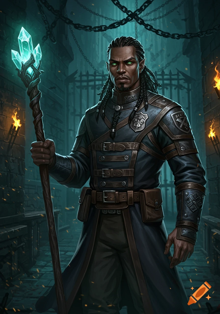 A male fantasy warlock with dreadlocks and glowing green eyes stands in a dark dungeon, holding ...