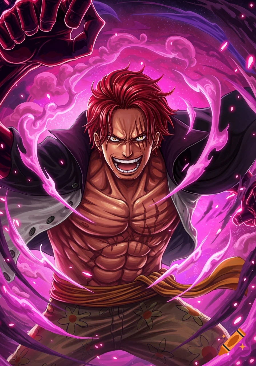 Red-haired anime character Shanks with a scarred torso, grinning ...