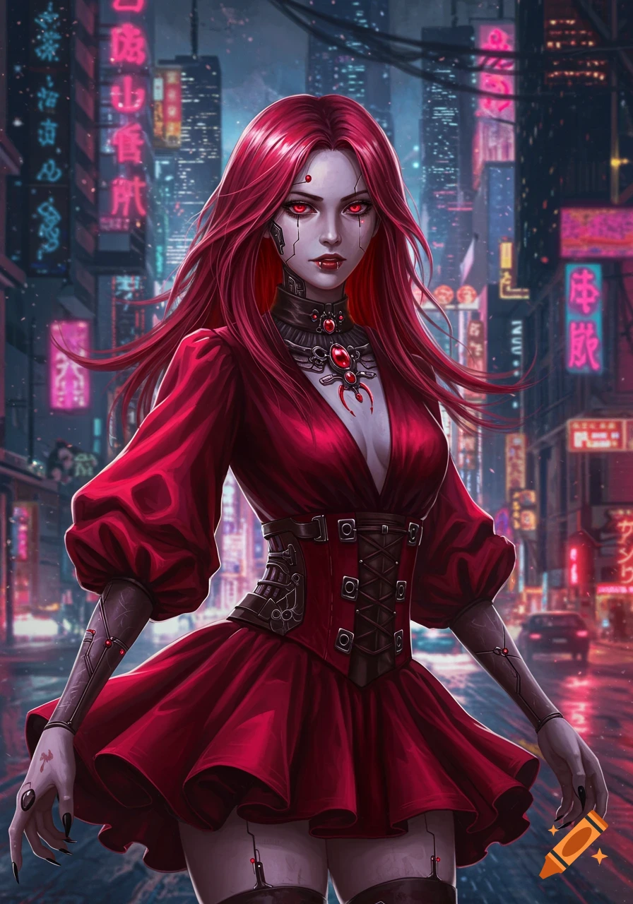 A cyberpunk vampire girl with long red hair and red eyes, wearing a red ...