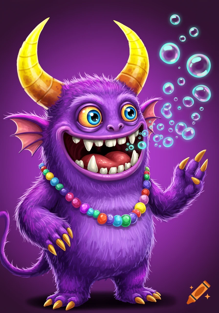 A vibrant purple cartoon monster with large yellow horns, a wide smile ...