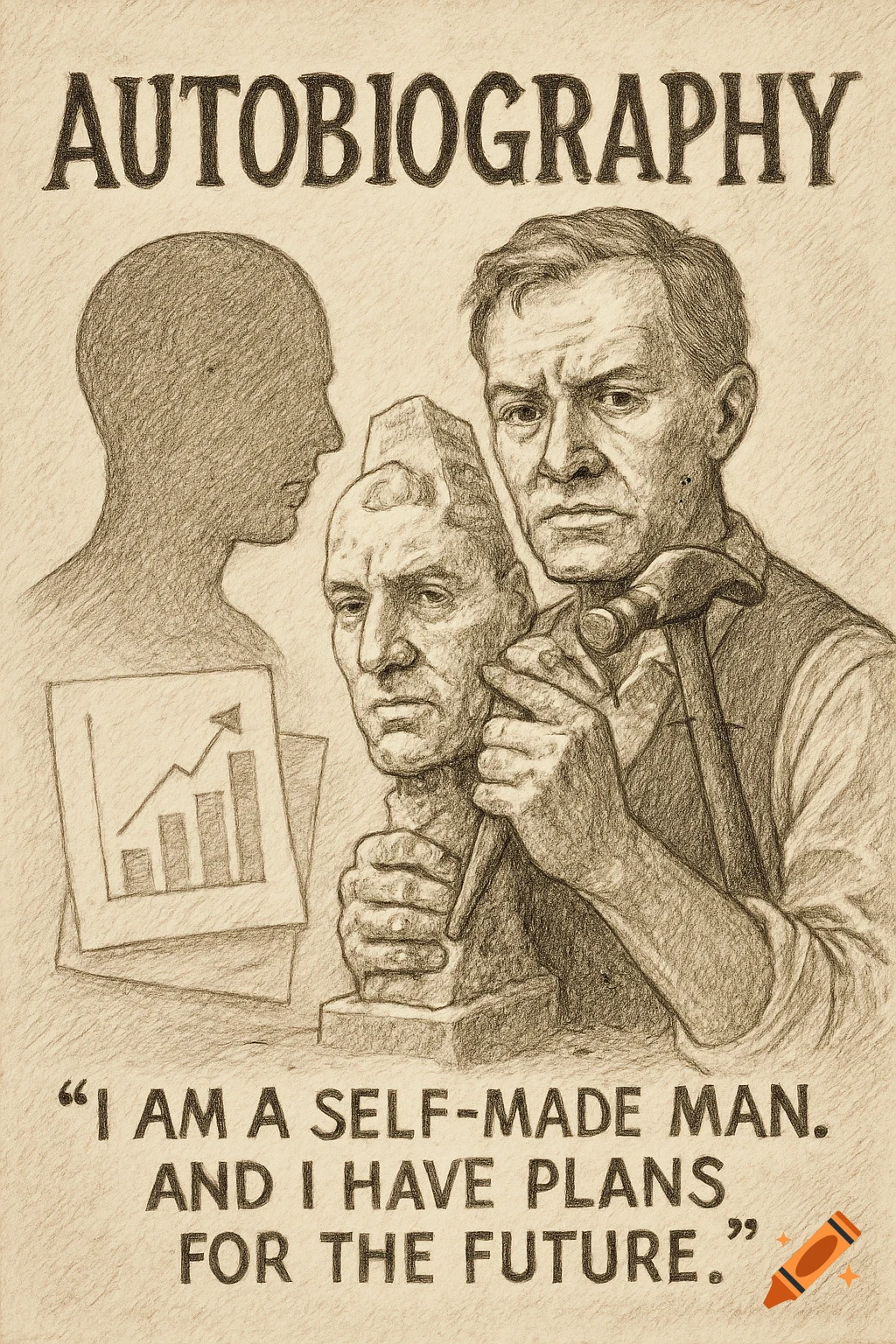 A sepia-toned drawing of a man chiseling a bust of himself, with a ...