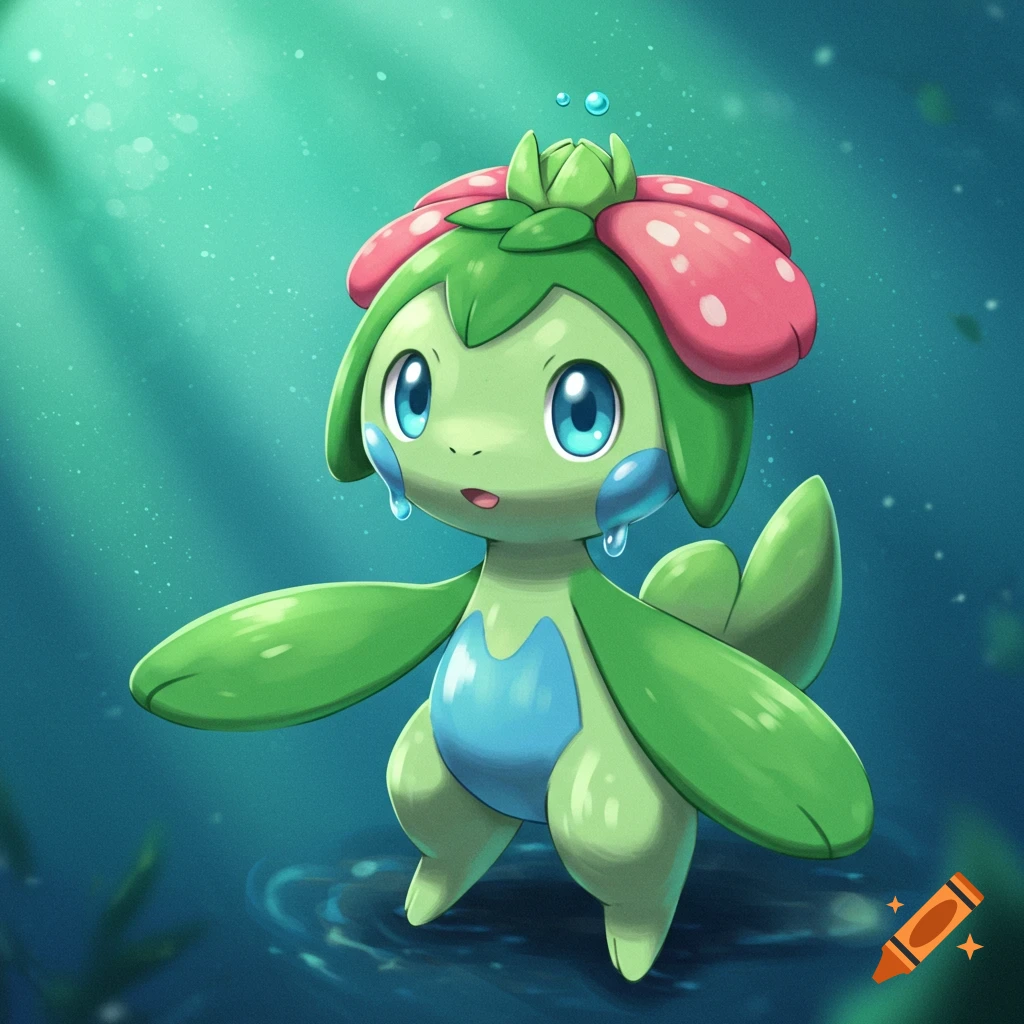 A small, green, bipedal Pokemon-like creature with large blue eyes and ...