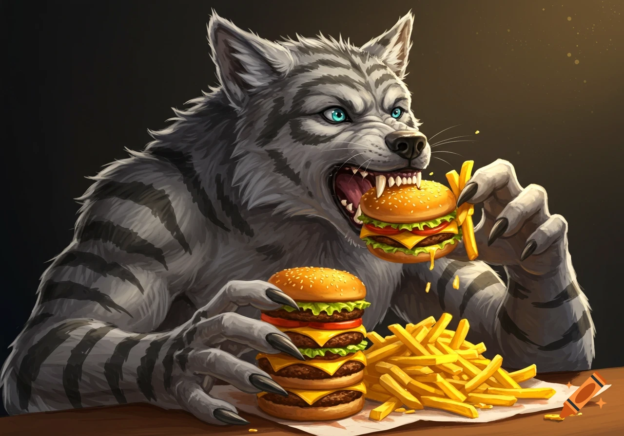 A grey striped werewolf with glowing blue eyes ferociously eats a ...