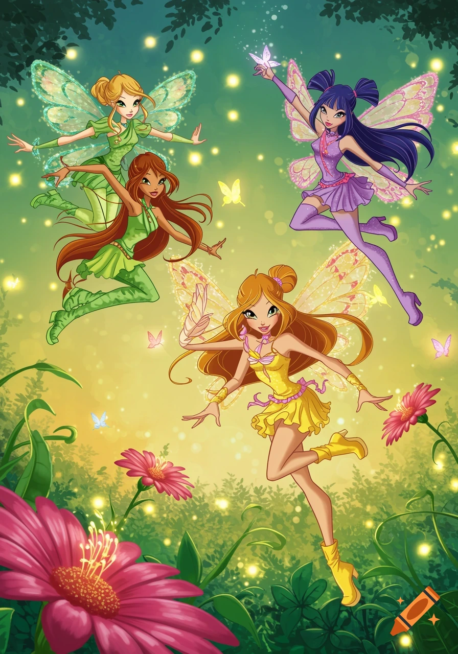 Four vibrant Winx Club fairies float and fly in a magical, glowing ...