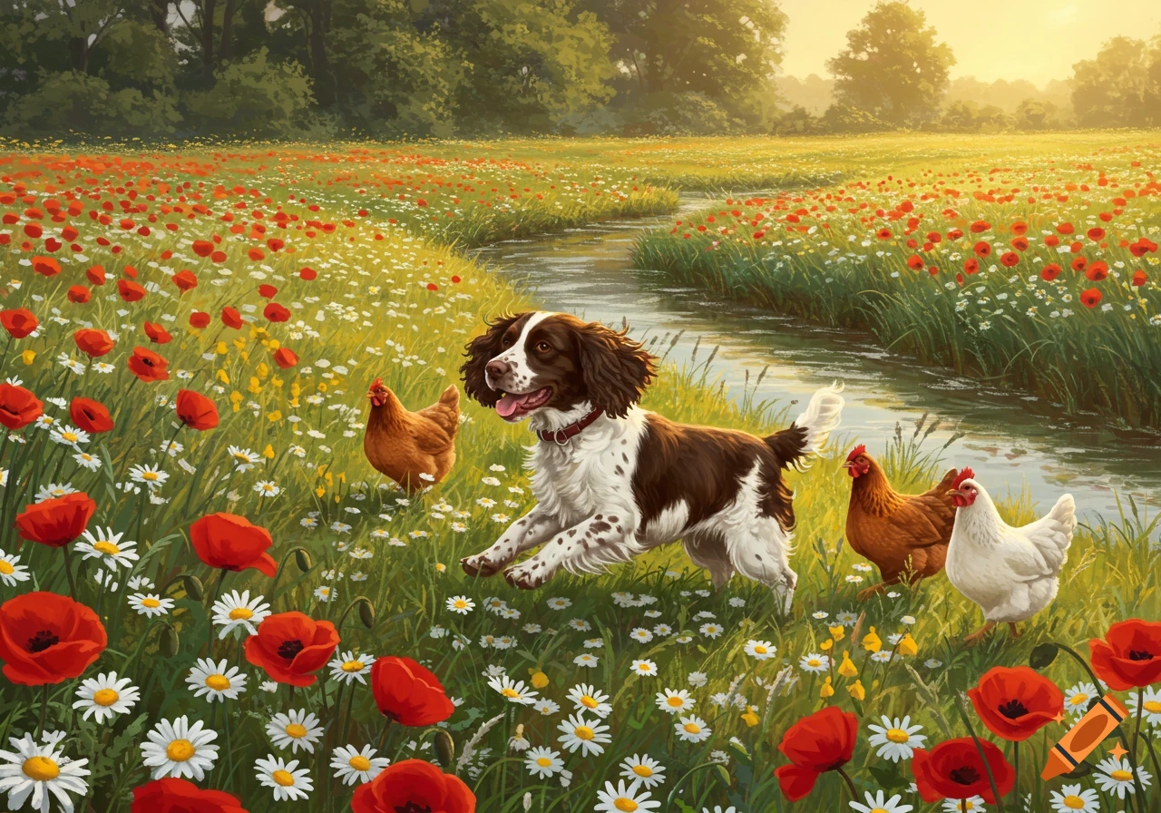 A brown and white springer spaniel bounds through a poppy and daisy ...