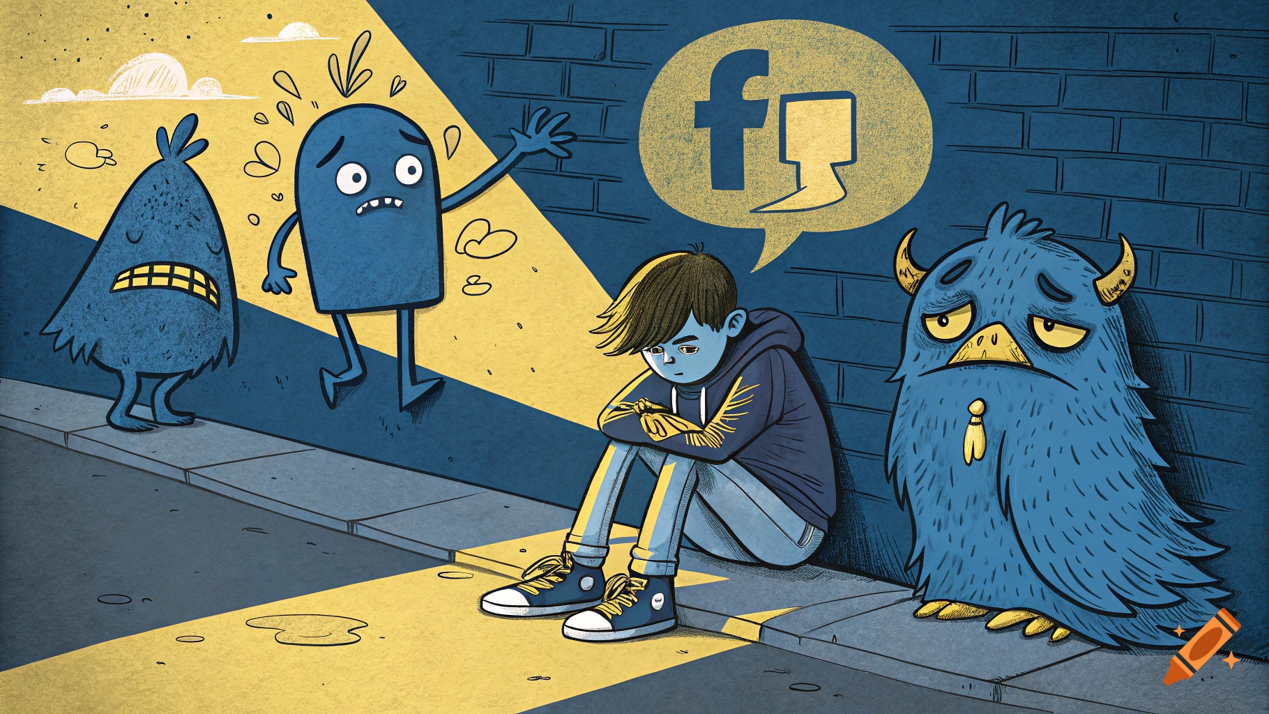 A stylized cartoon shows a sad teen boy sitting against a wall ...