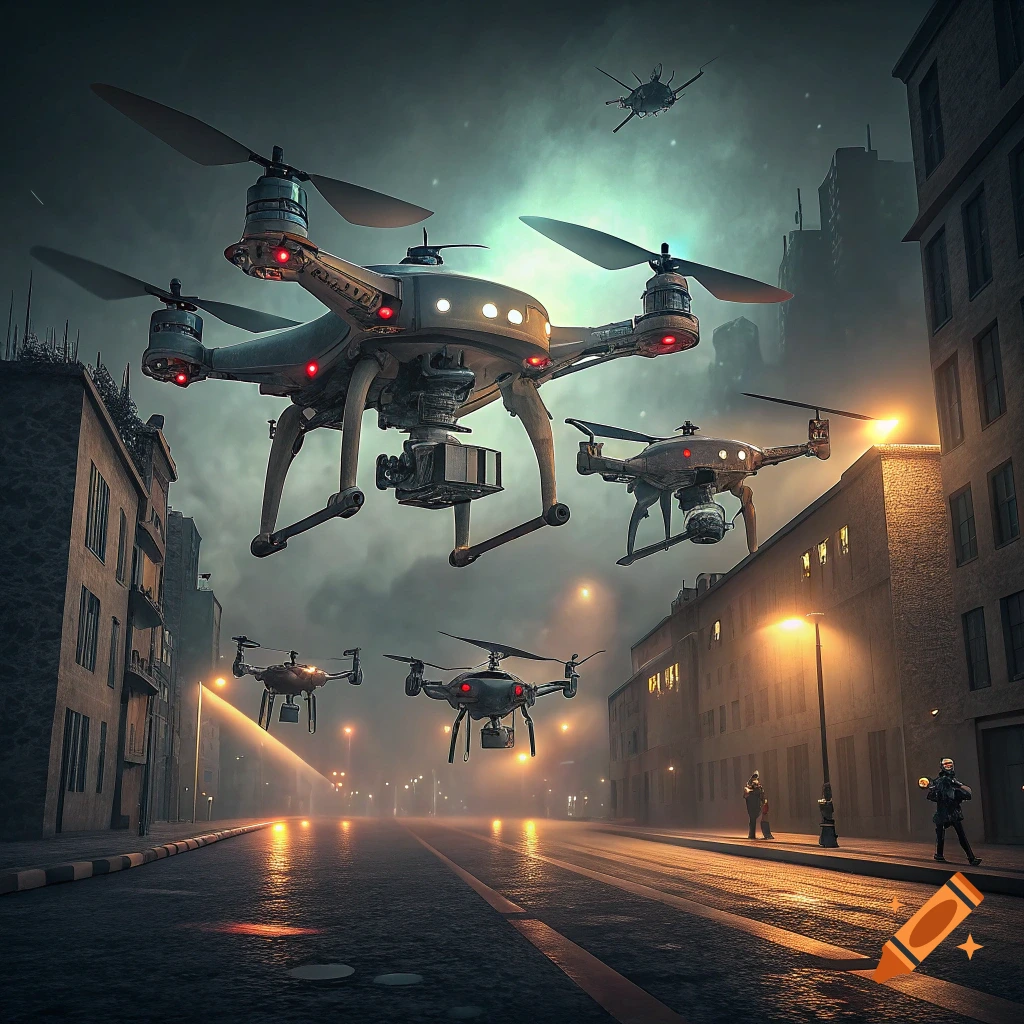 Large drones fly menacingly over a dark, misty city street at night ...