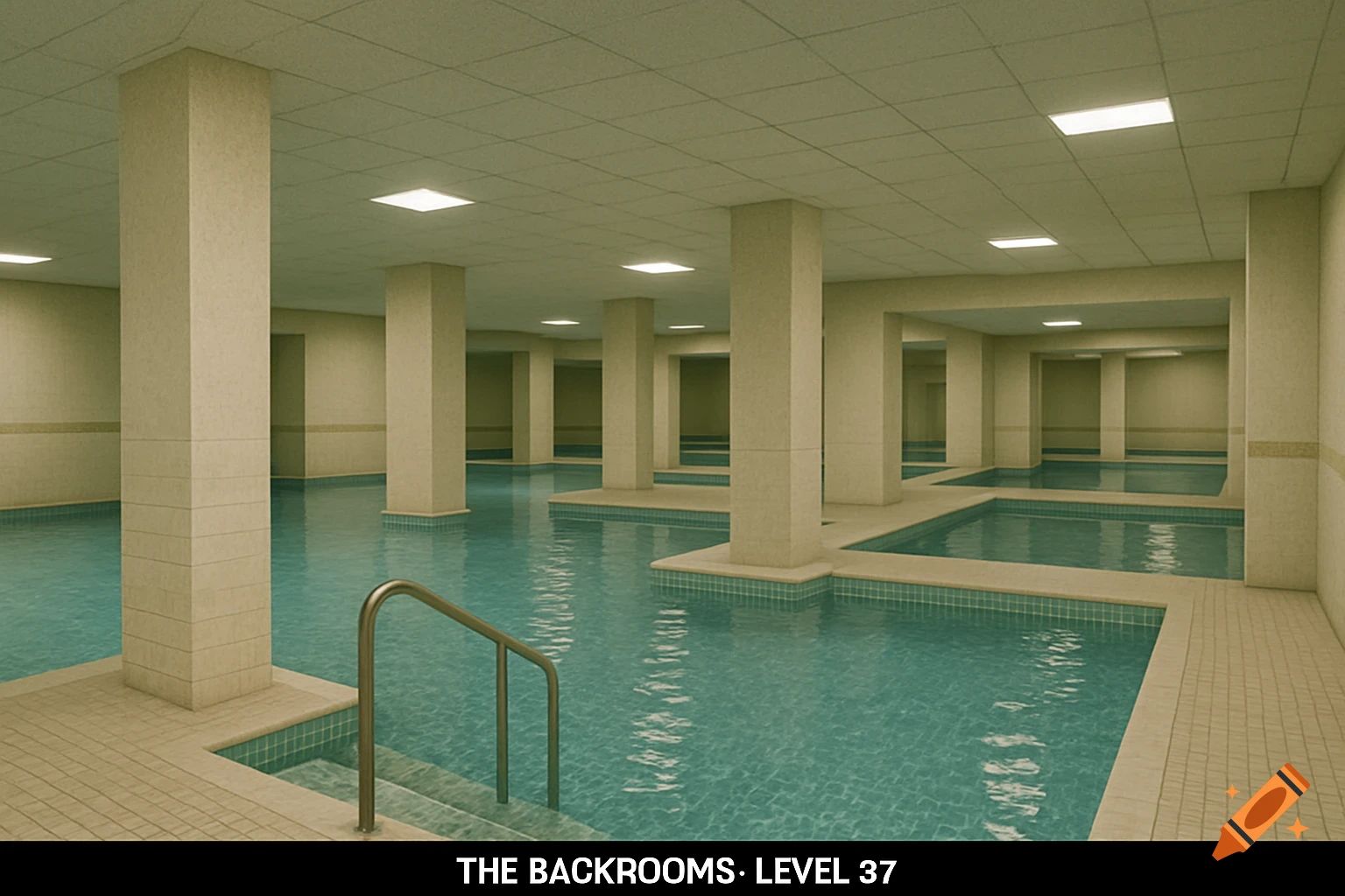 An empty, eerie indoor swimming pool complex with numerous pillars and ...