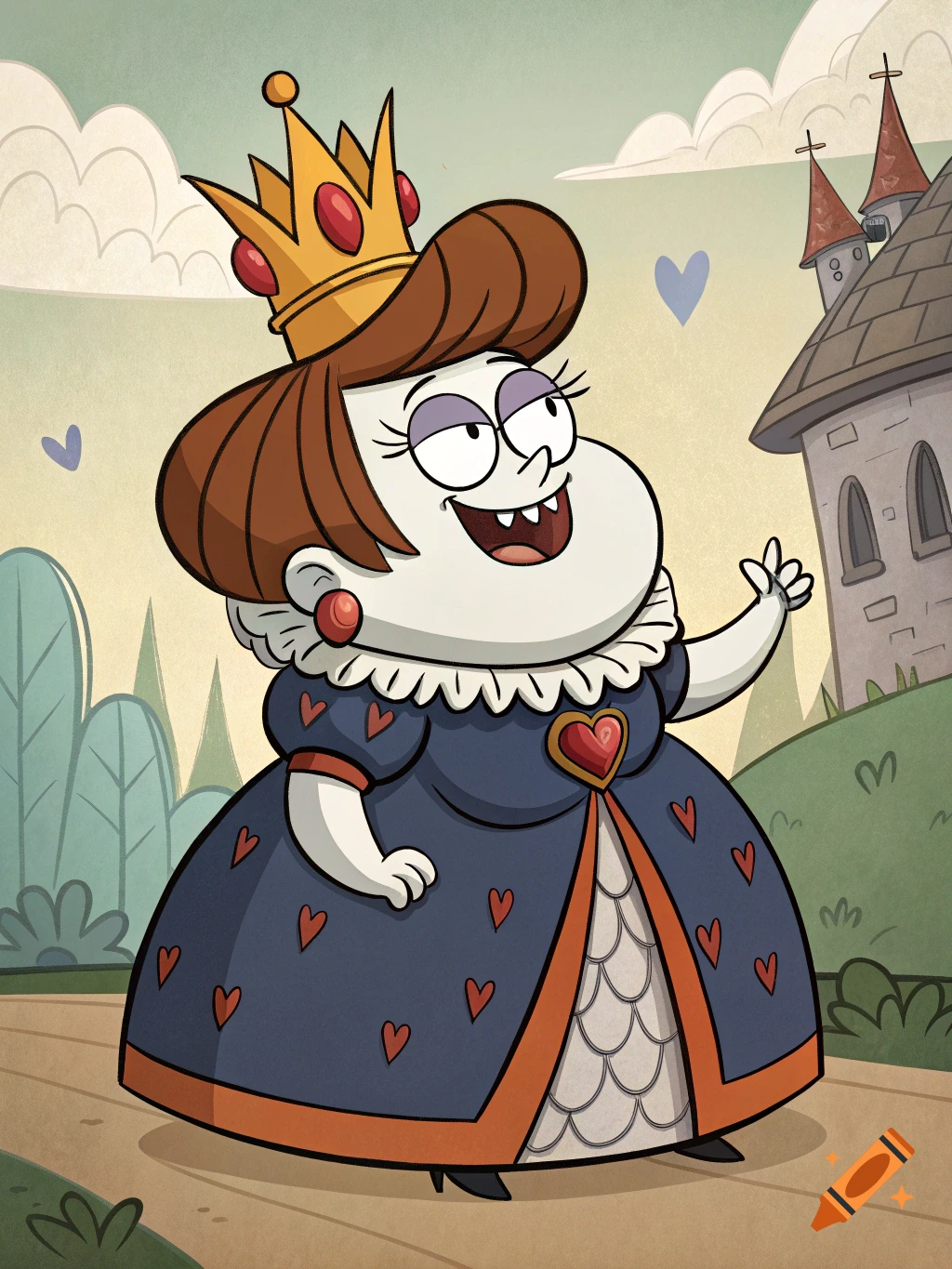 A cheerful cartoon queen with brown hair and a gold crown wears a blue ...