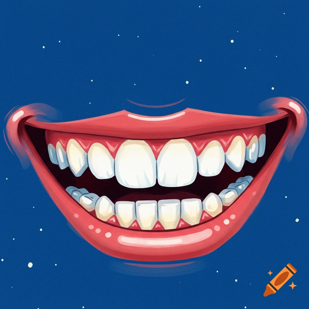 An illustration of a wide, cartoonish smile with bright red lips and ...