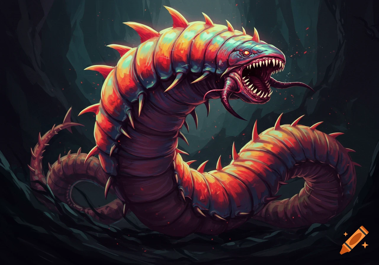 A monstrous, colorful worm-like creature with sharp teeth and spikes ...