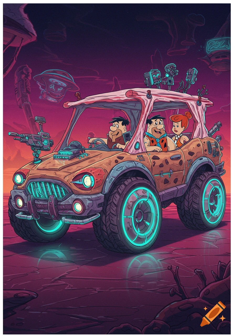 The Flintstones characters drive a glowing, cyberpunk car through a ...
