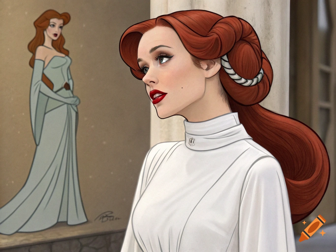 A photorealistic Rachel McAdams as Princess Leia next to a cartoon ...
