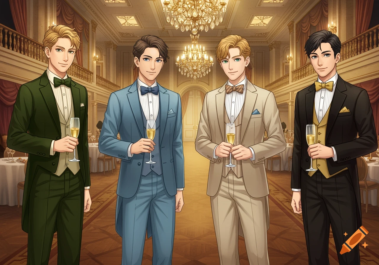 Four anime-style men in formal suits hold champagne flutes in a grand ...