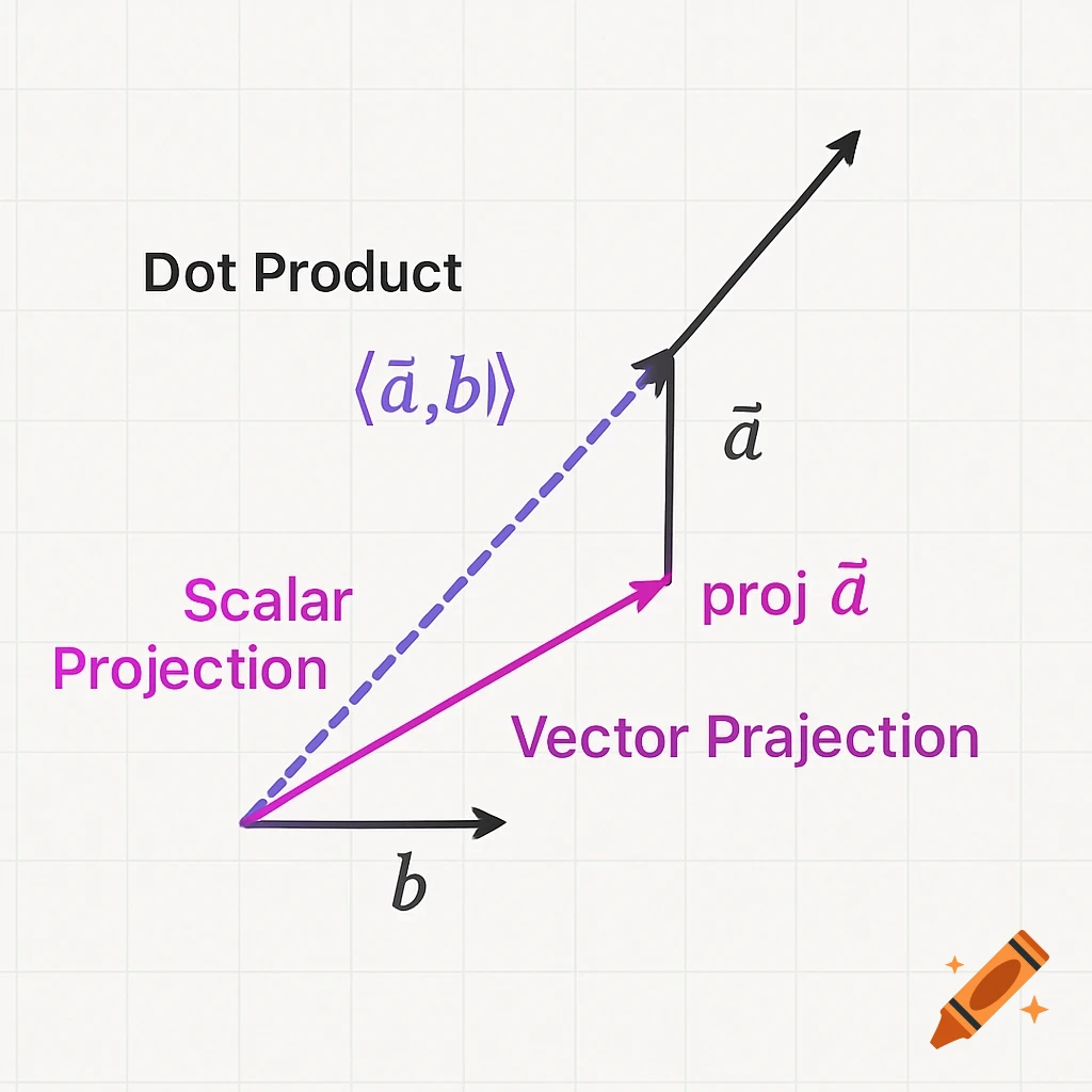 A diagram illustrating the dot product, scalar projection, and vector projection of two vectors ...