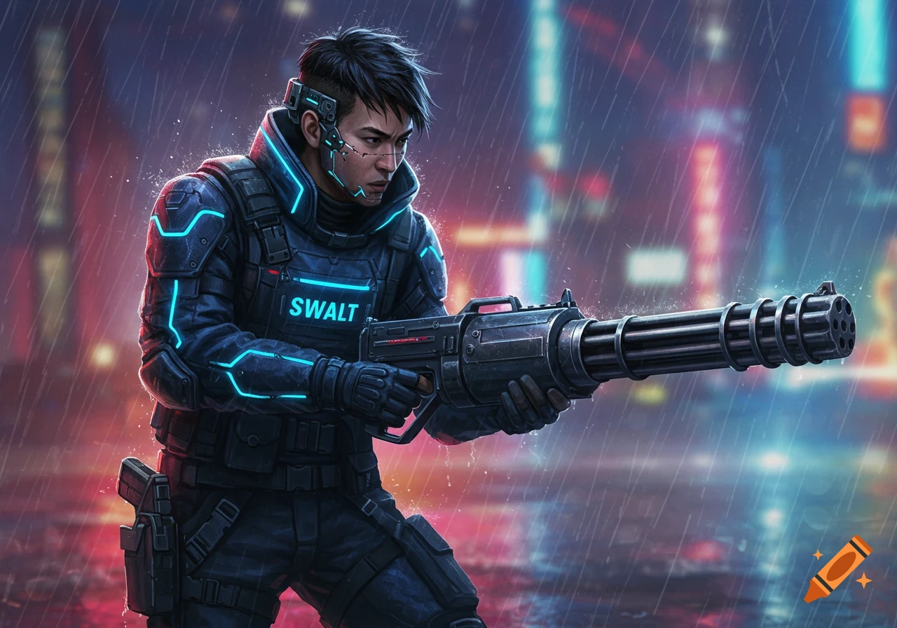 A cyberpunk SWAT officer holding a large minigun stands in the rain in ...