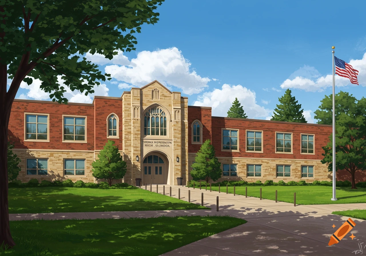 Vibrant illustration of Thomas Worthington High School, a brick and ...