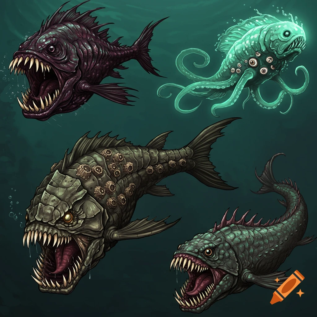 Four grotesque, monstrous fish with sharp teeth and unique features ...