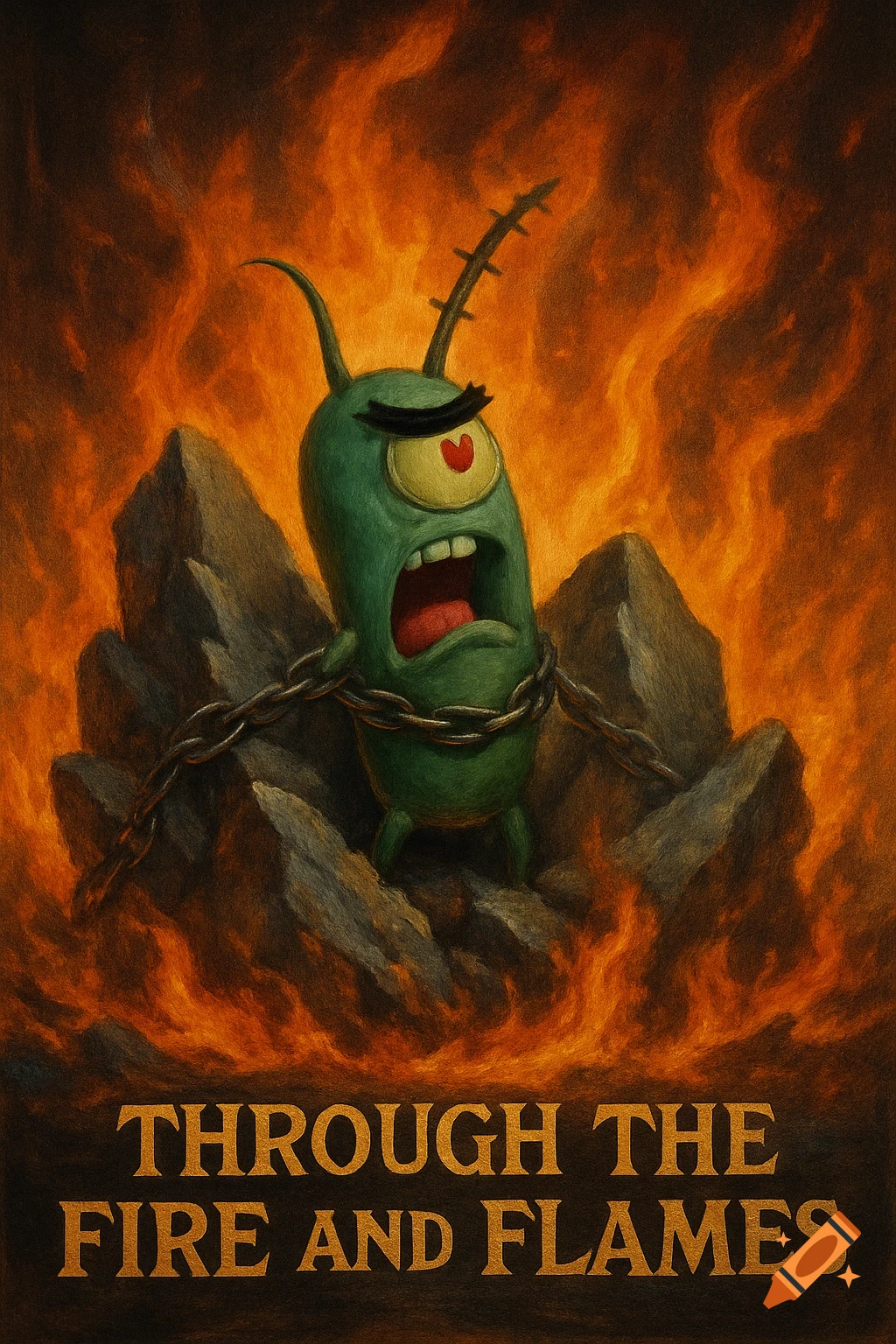 Plankton from Spongebob, chained to rocks surrounded by fire, with ...