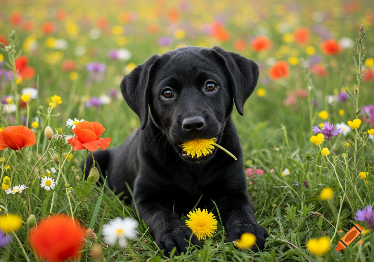 A cute black labrador puppy lies in a field of colorful wildflowers ...