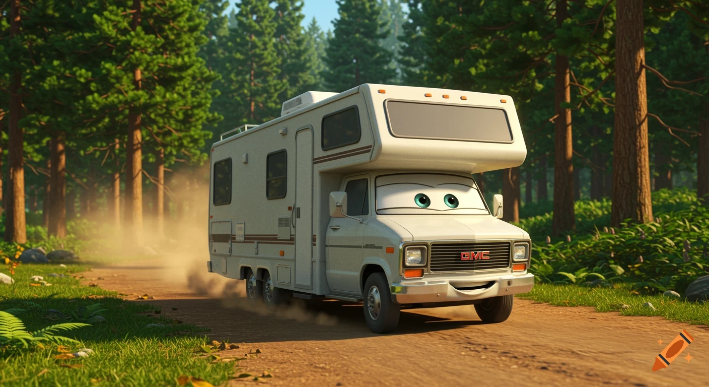 Animated white GMC RV with eyes and a smiling face driving on a dirt ...