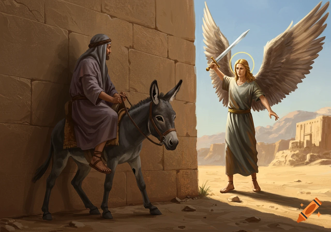 A man on a donkey encounters a winged angel with a sword by a stone ...