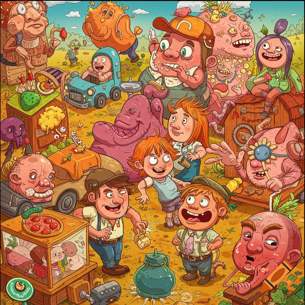 A whimsical cartoon illustration filled with various exaggerated and ...