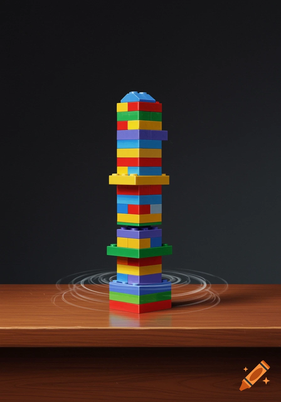 A tall tower of colorful Lego bricks on a wooden table, with white ...