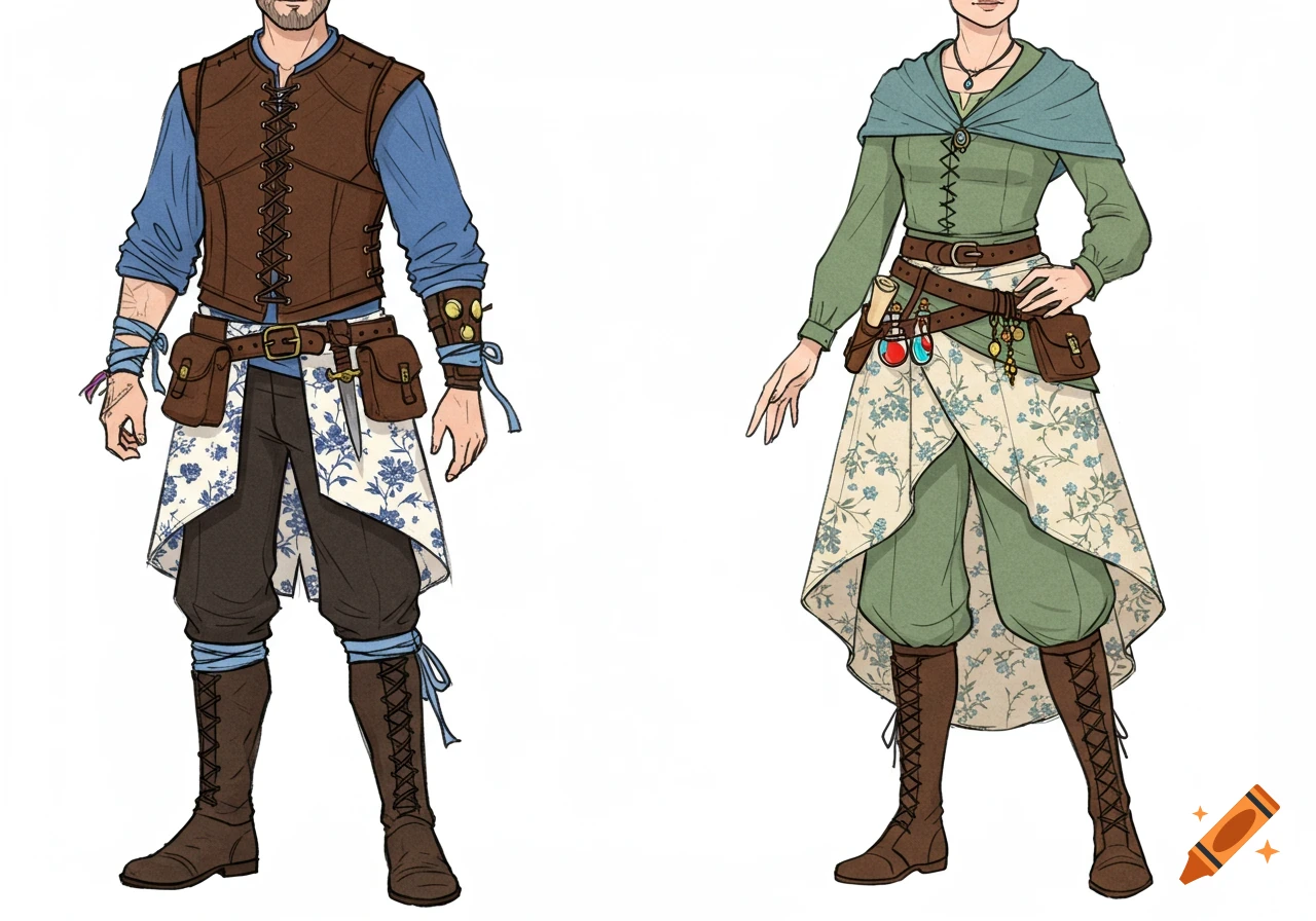 Two fantasy character costume designs: a male mercenary in brown and ...