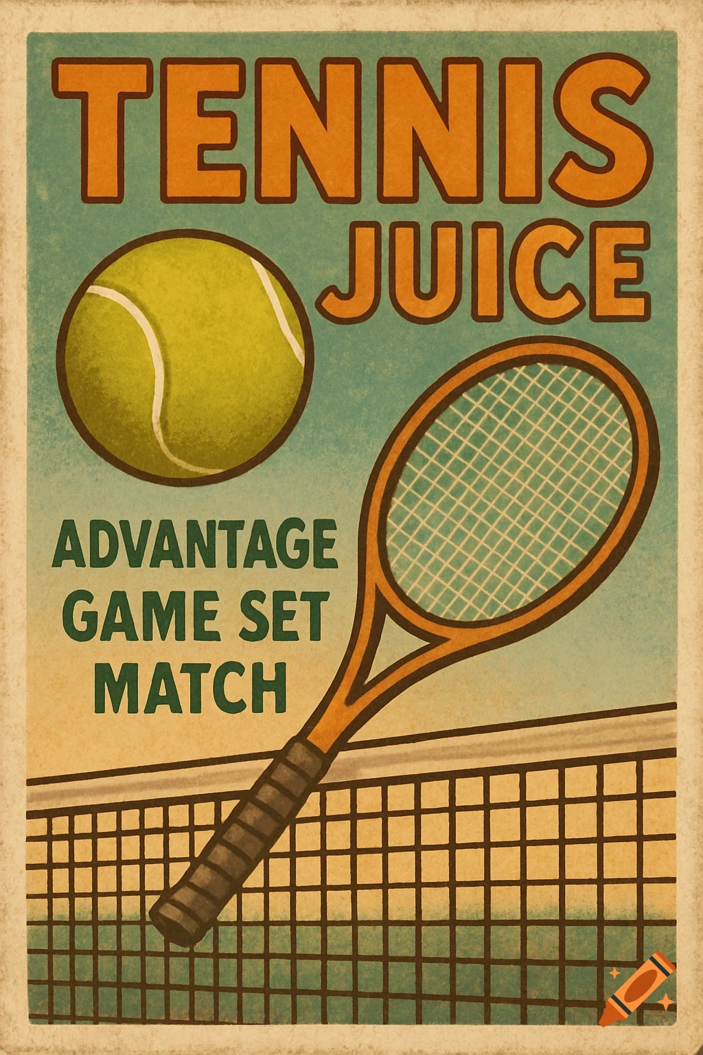 Retro style poster for Tennis Juice featuring a tennis ball, racket ...