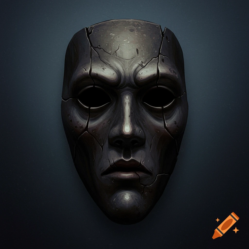 A dark, cracked stone mask with a stern expression, rendered in a ...