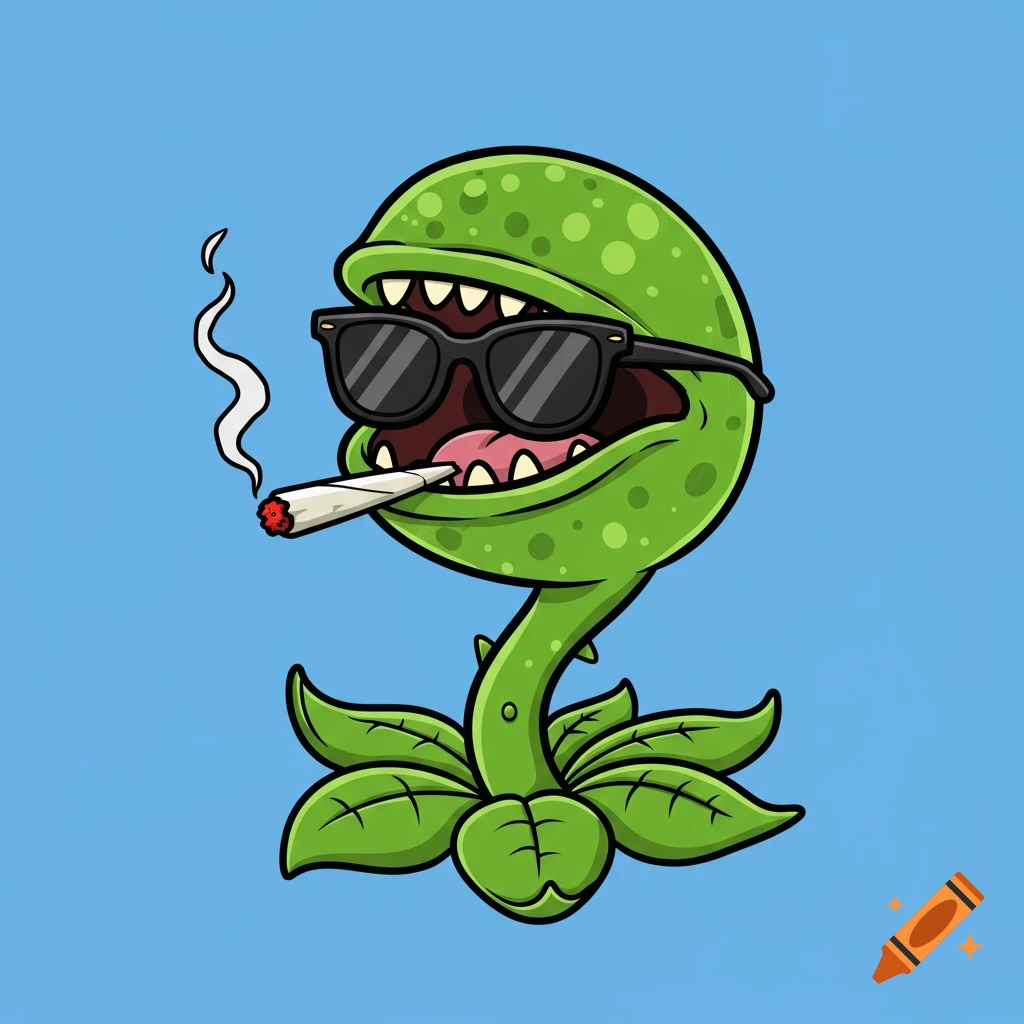 A cartoon Venus flytrap wearing sunglasses, holding and smoking a lit joint. on Craiyon