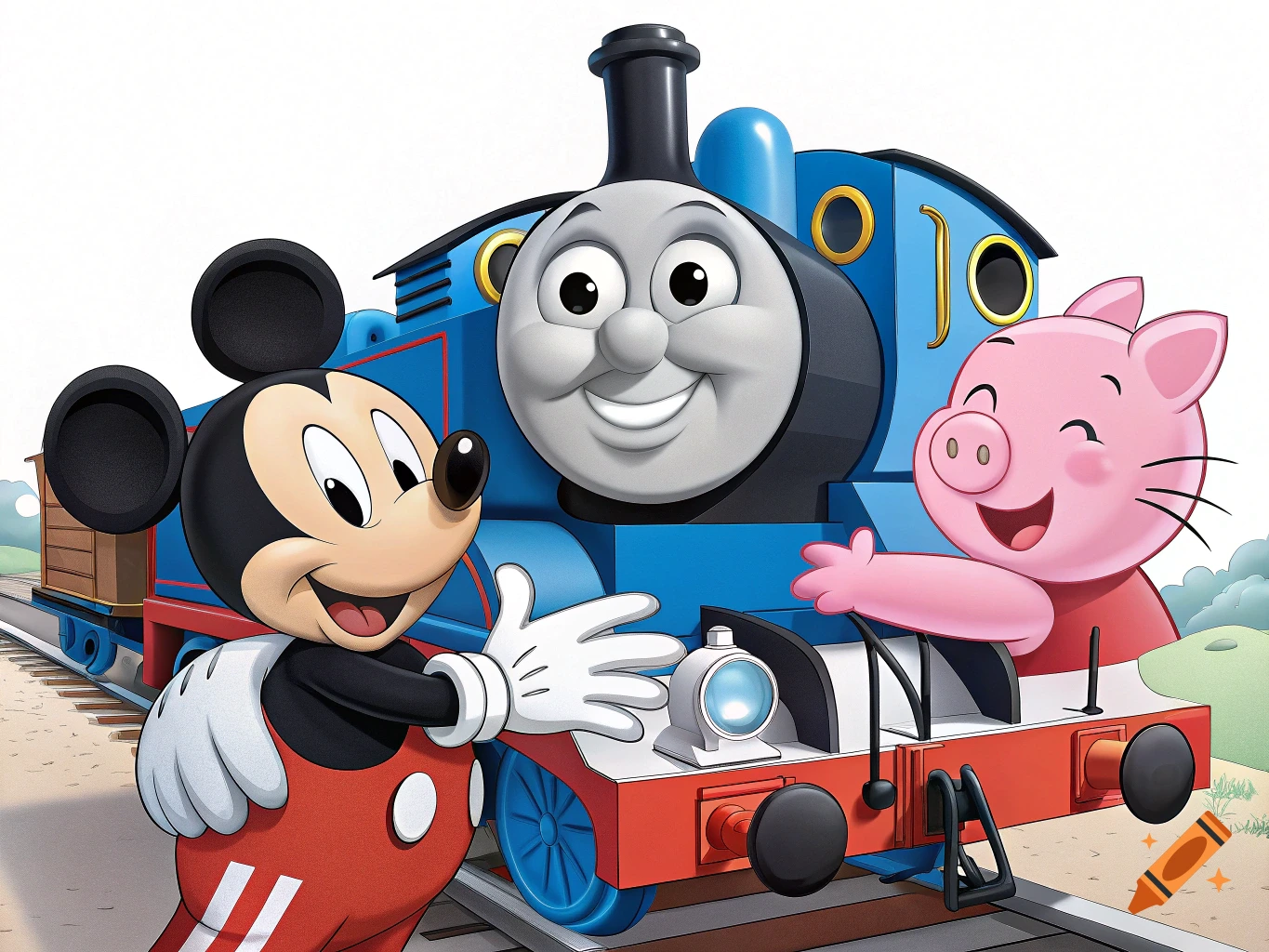 Mickey Mouse, Thomas the Tank Engine, and Peppa Pig hugging in a ...