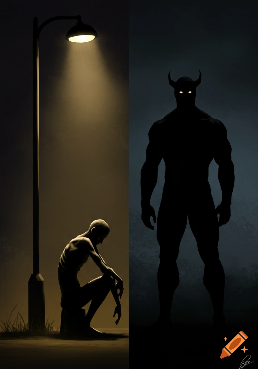 A digital art piece depicting a slumped figure under a streetlight next ...