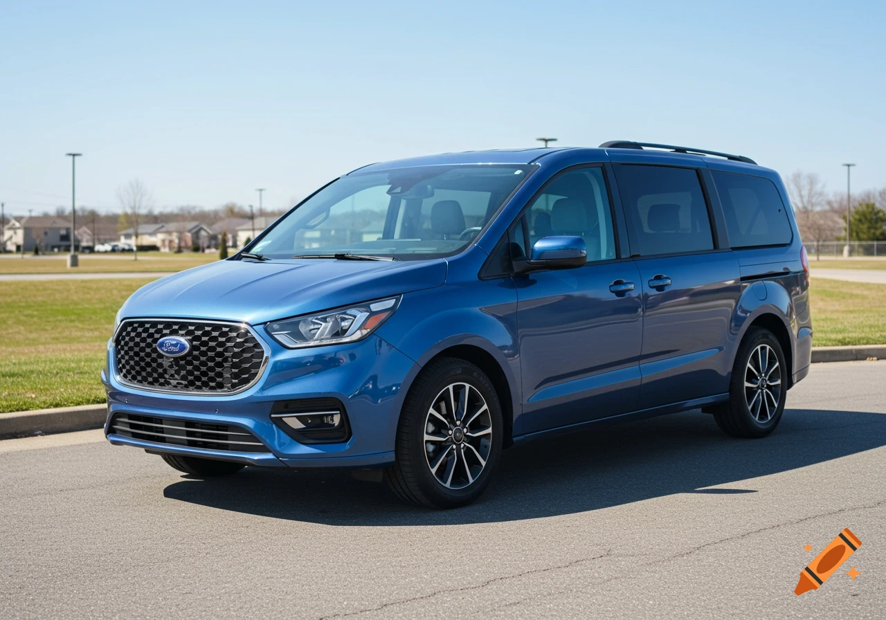 A blue Ford minivan parked on asphalt in a parking lot on a sunny day ...